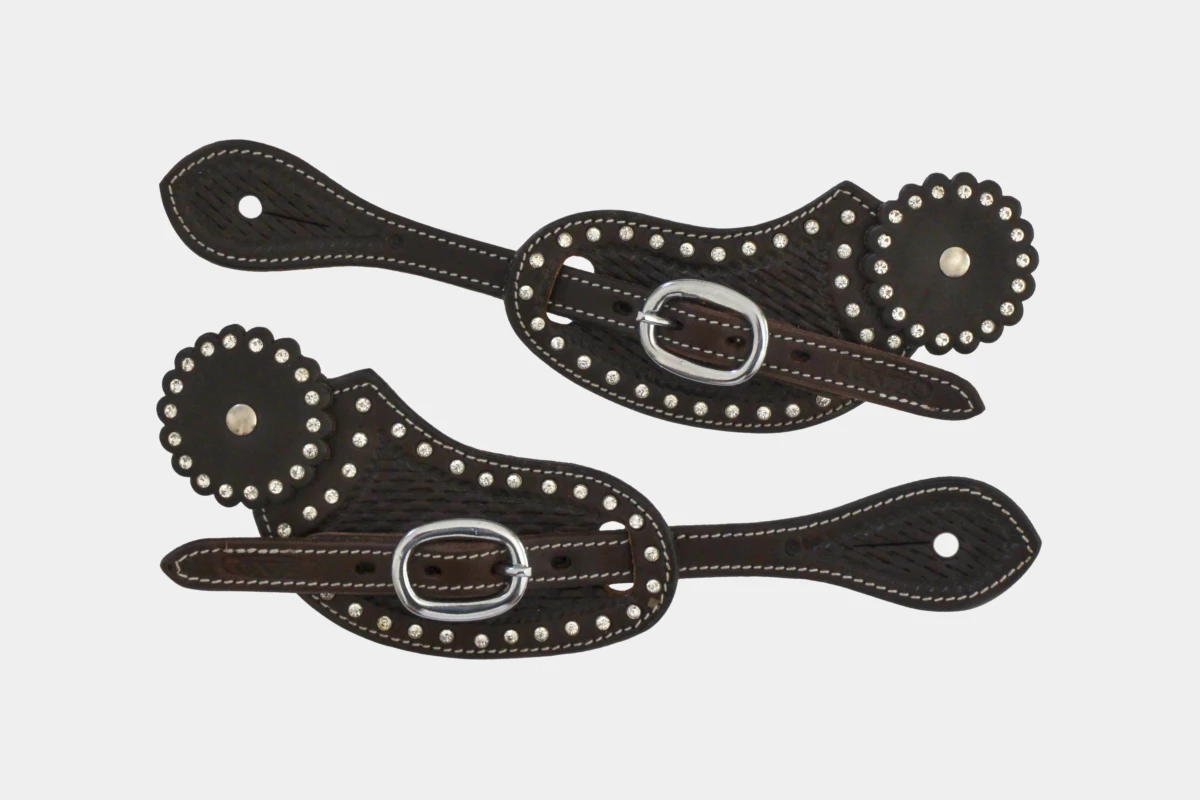 Spur straps crystal white round basket tooling with leather concho